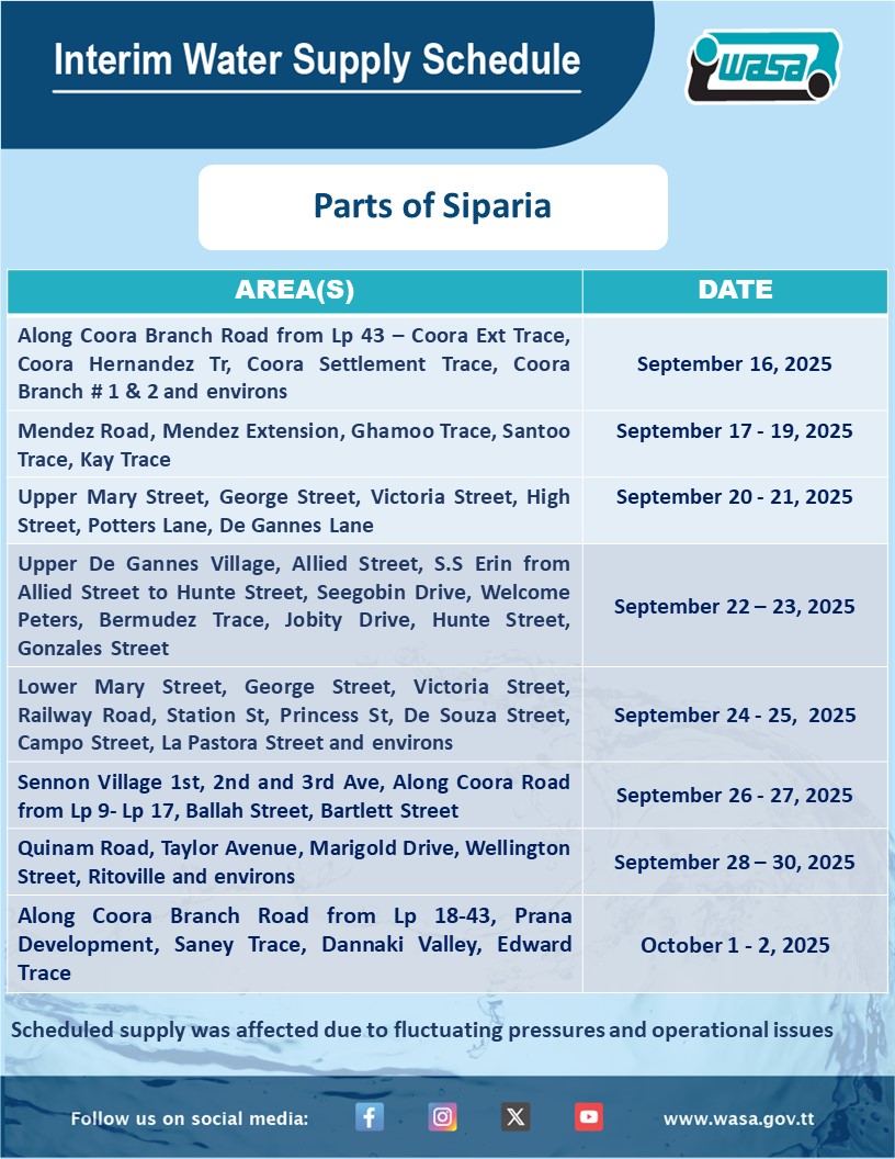 Interim water supply schedule for parts of Siparia - 103.1FM