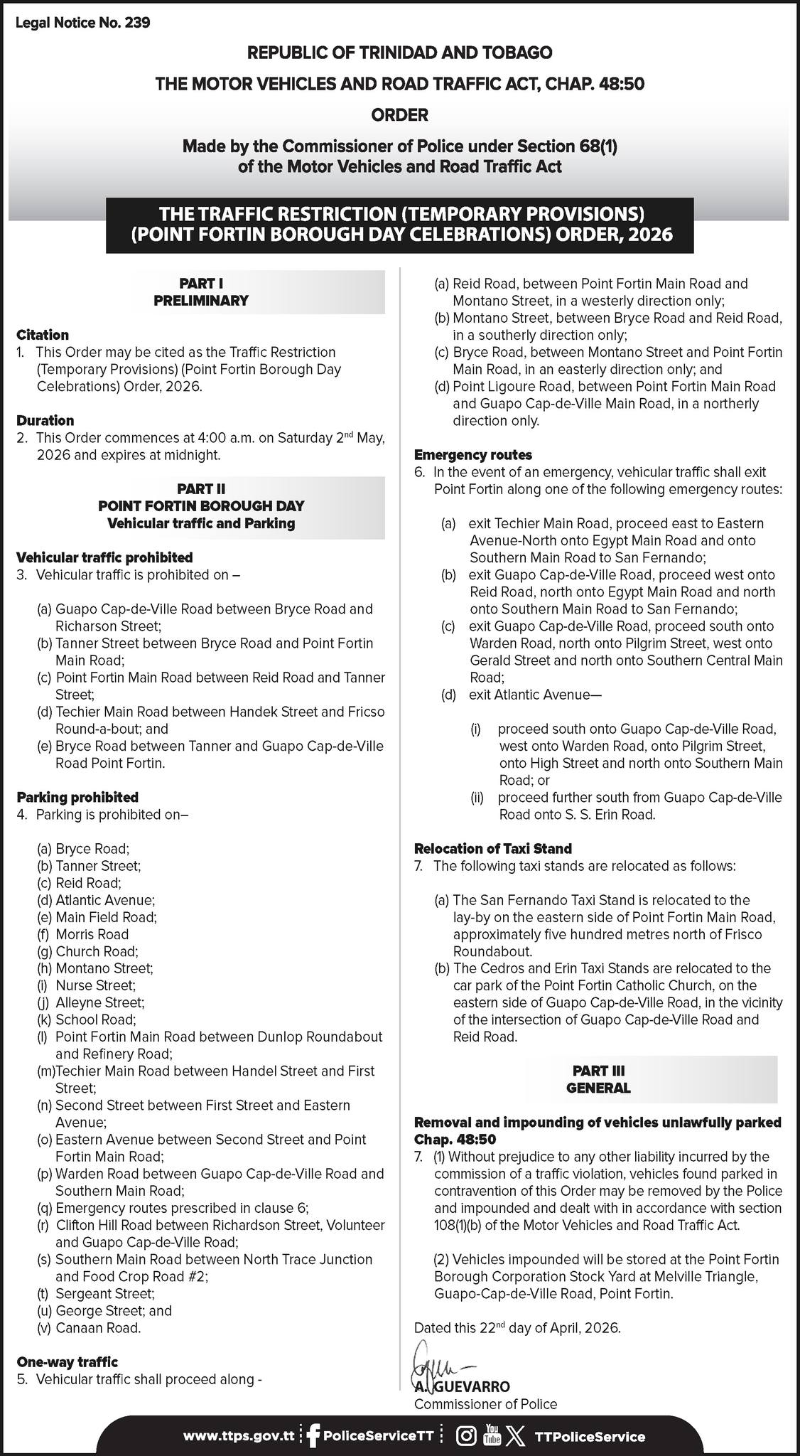 TTPS issues traffic order for Point Fortin Borough Day celebrations ...